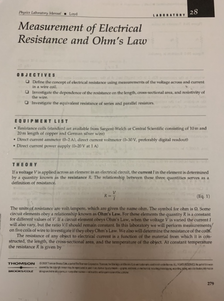 Laboratory 28 Measurements of Electrical Resistance | Chegg.com