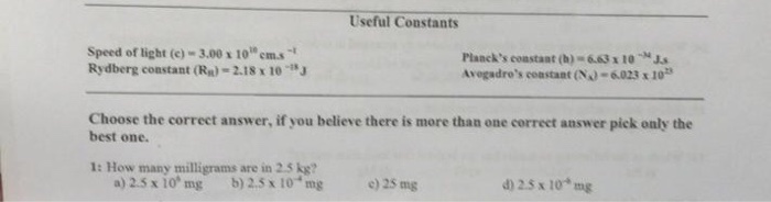 Solved Useful Constants Speed of light (c)-3.00 x10cm.s | Chegg.com