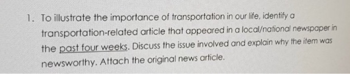 Solved 1. To illustrate the importance of transportation in | Chegg.com