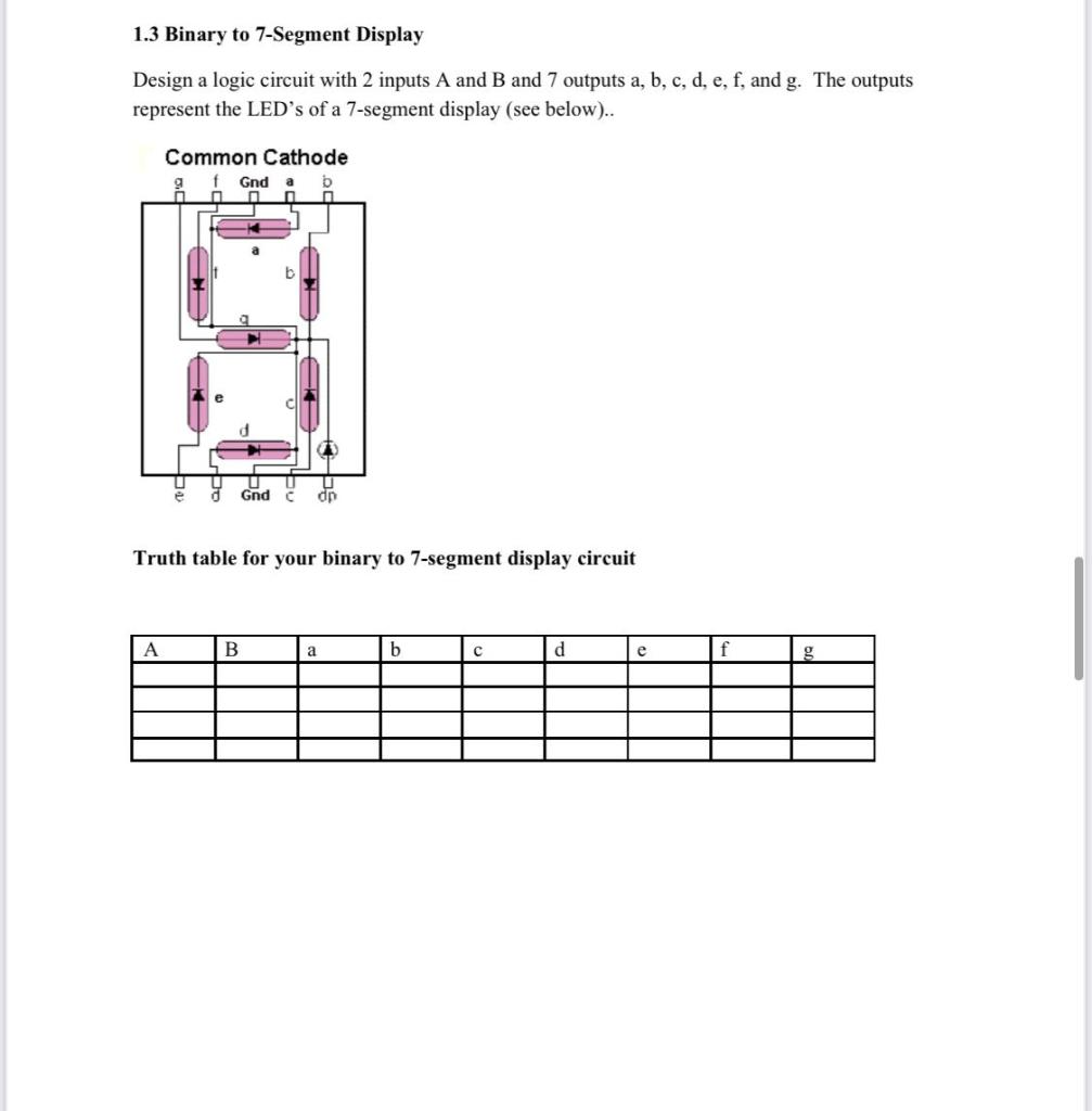 Solved 1.3 Binary to 7-Segment Display Design a logic | Chegg.com