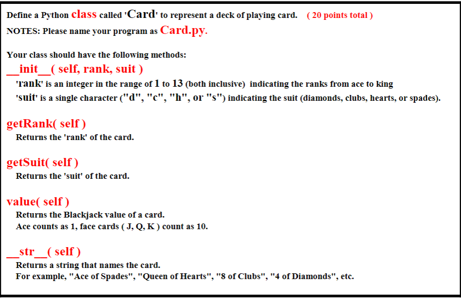 Solved Define a Python class called 'Card' to represent a | Chegg.com