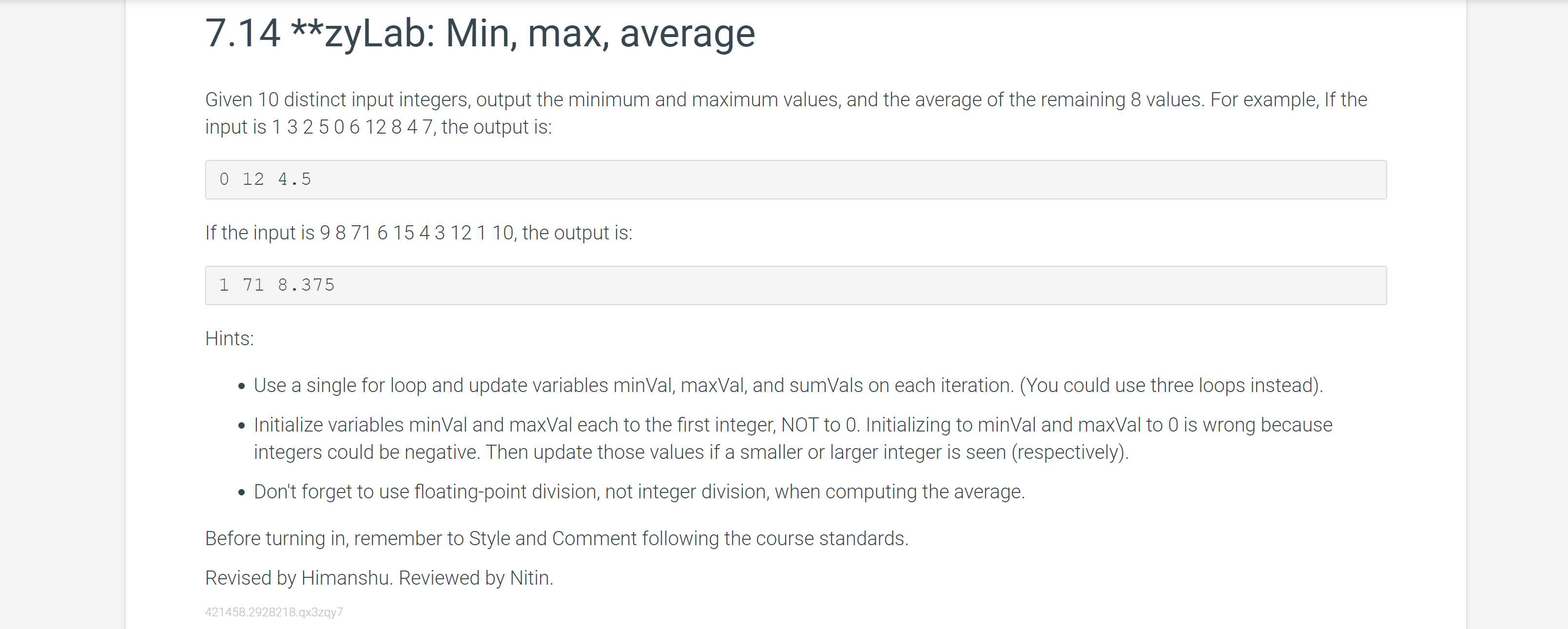 Solved 7.14 **zyLab: Min, max, average Given 10 distinct | Chegg.com