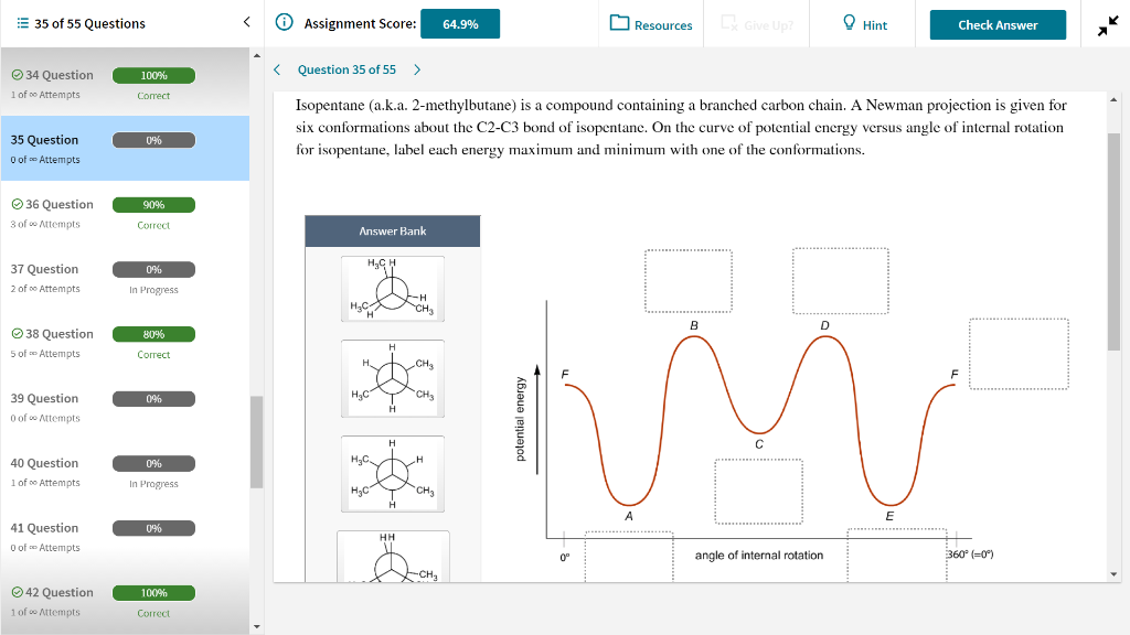 Solved E 35 of 55 Questions Assignment Score: 64.9% | Chegg.com