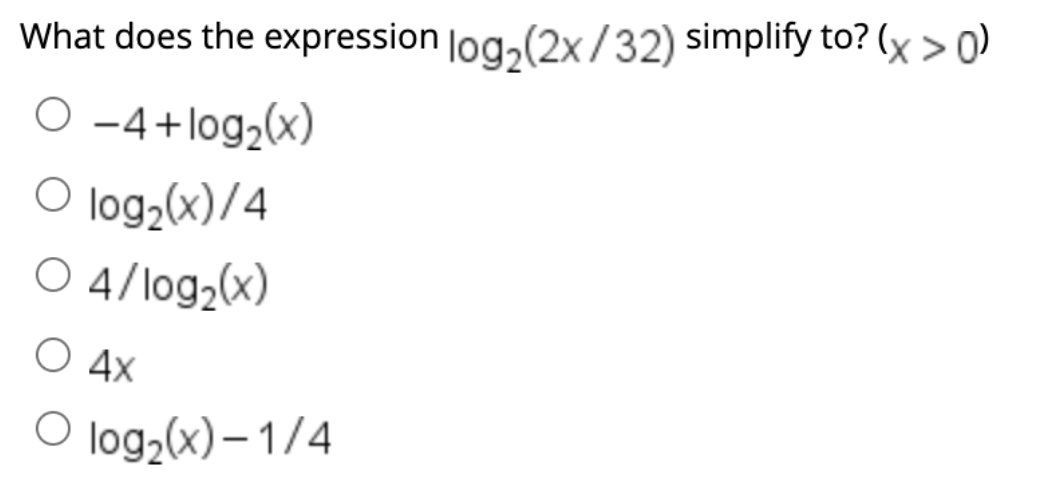 Solved What does the expression log2(2x/32) simplify to? | Chegg.com