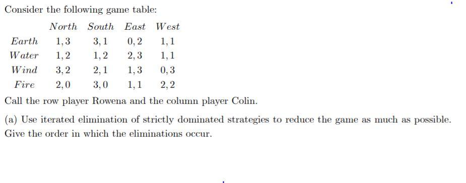 Solved Consider the following game table: North South East | Chegg.com