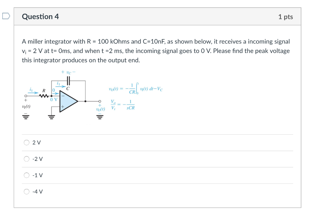 Solved D Question 4 1 pts A miller integrator with R- 100 | Chegg.com