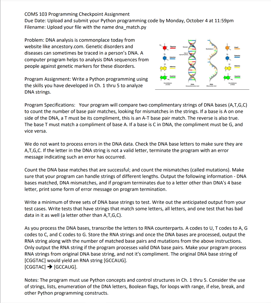 Solved COMS 103 Programming Checkpoint Assignment Due Date: | Chegg.com