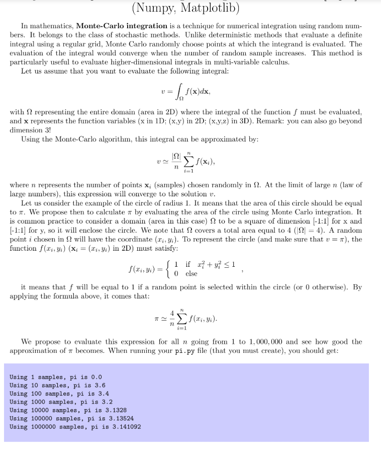 Solved (Numpy, Matplotlib) In mathematics, Monte-Carlo | Chegg.com