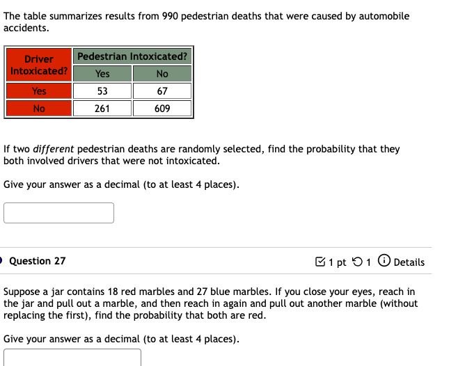 Solved The table summarizes results from 990 ﻿pedestrian | Chegg.com