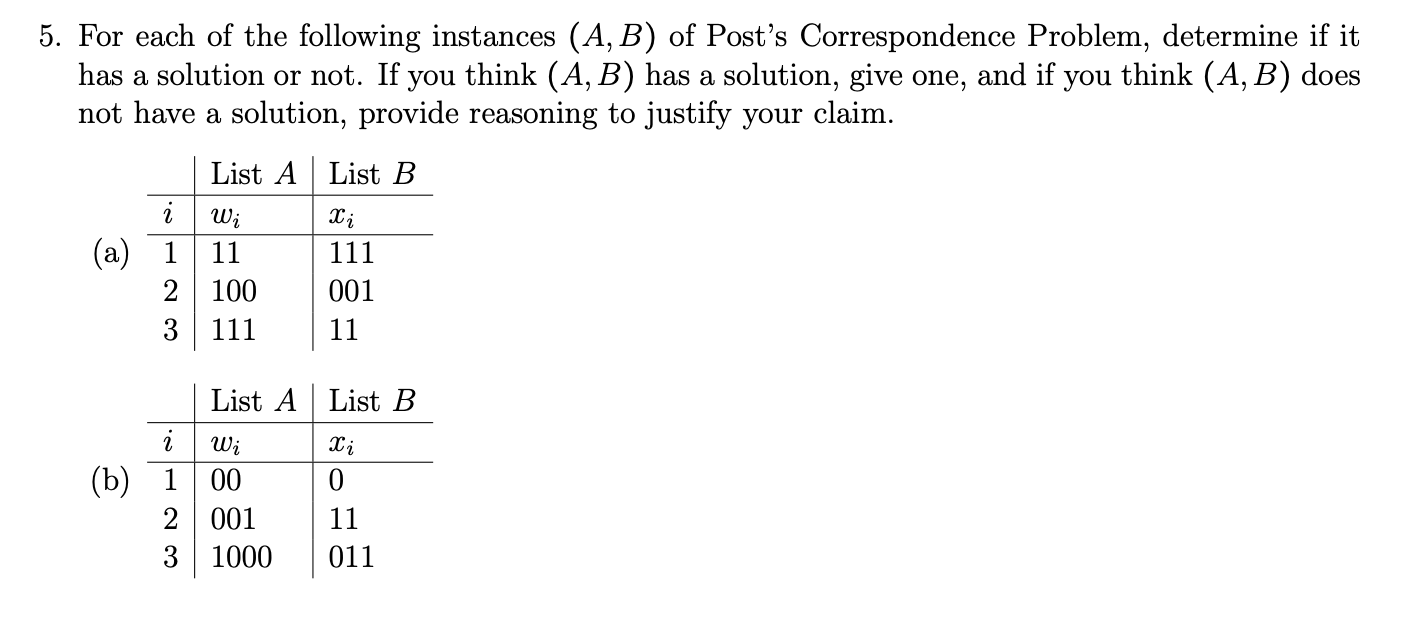 Solved 5. For each of the following instances (A,B) of | Chegg.com