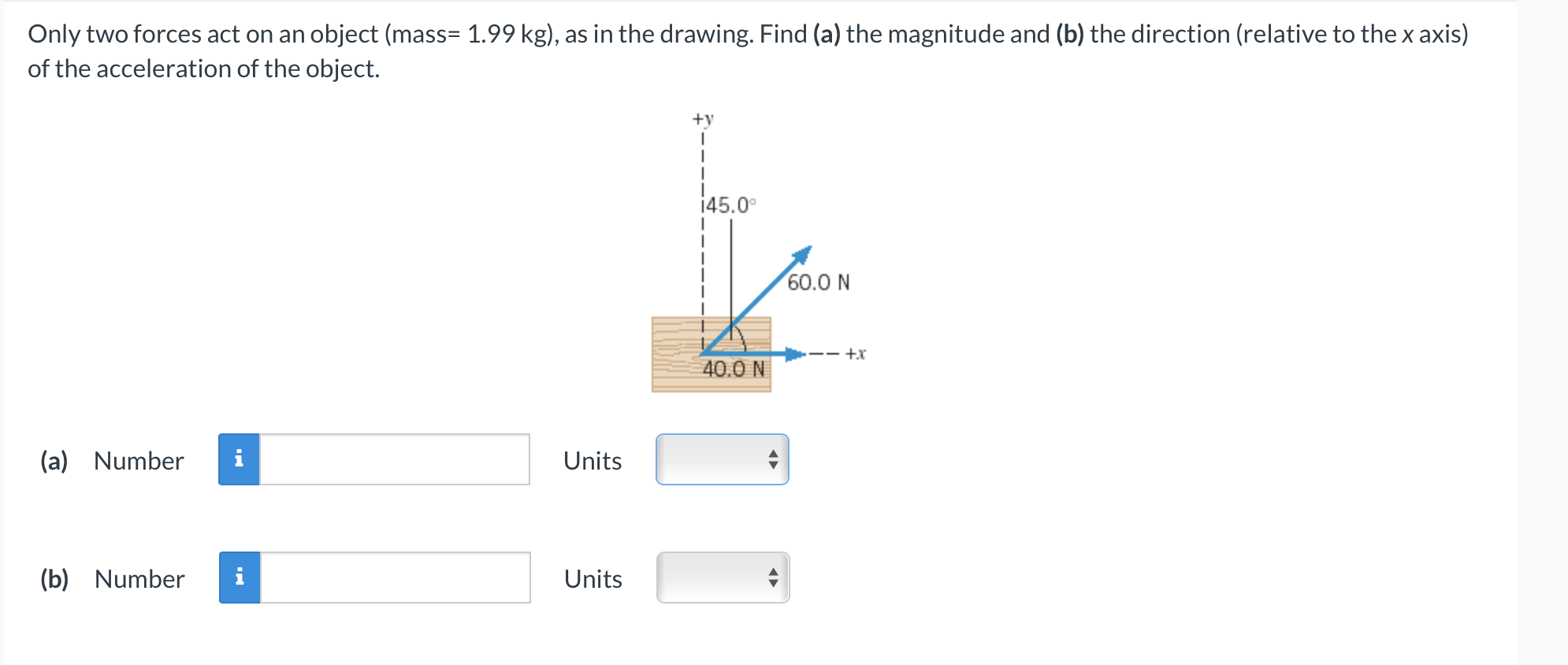 Solved Only two forces act on an object (mass= 1.99 kg), as | Chegg.com