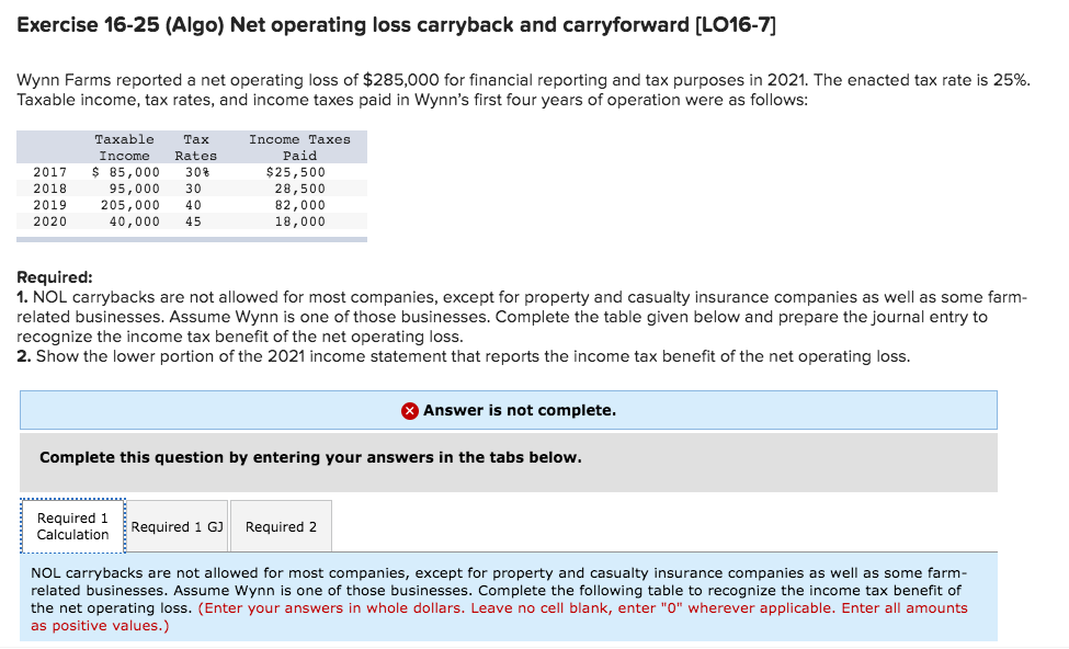 Solved Exercise 16-25 (Algo) Net operating loss carryback | Chegg.com