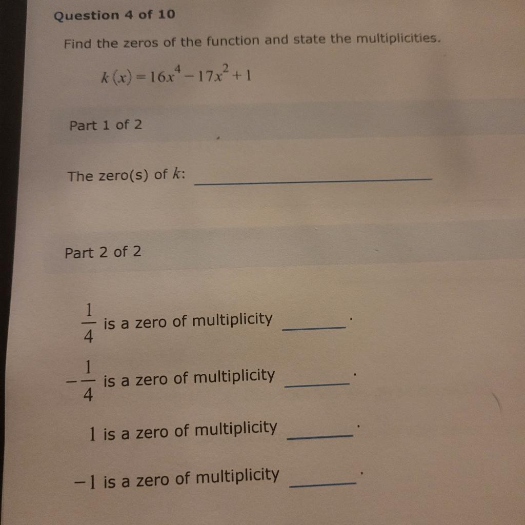Solved Find the zeros of the function and state the | Chegg.com