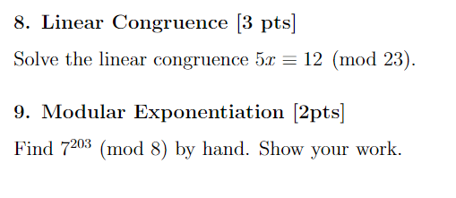 Solved Linear Congruence/Modular Exponentiation? can someone | Chegg.com