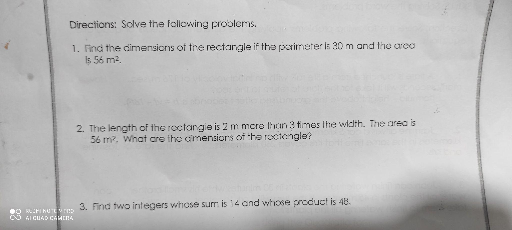 Solved Directions: Solve the following problems. 1. Find the | Chegg.com