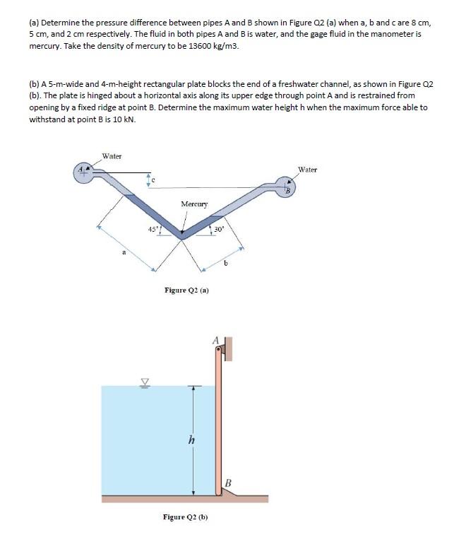 Solved (a) Determine the pressure difference between pipes A | Chegg.com
