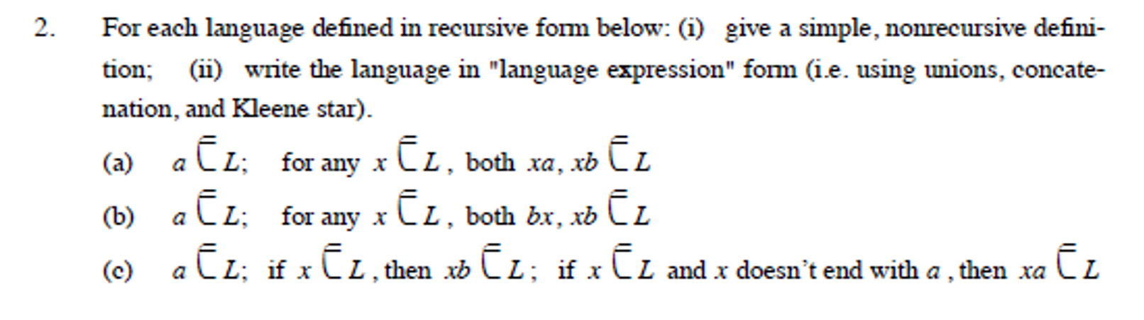 Solved 2. For each language defined in recursive form below: | Chegg.com