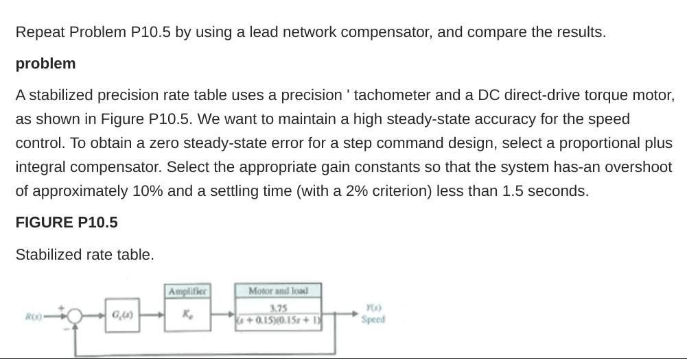 Solved Repeat Problem P10.5 by using a lead network | Chegg.com