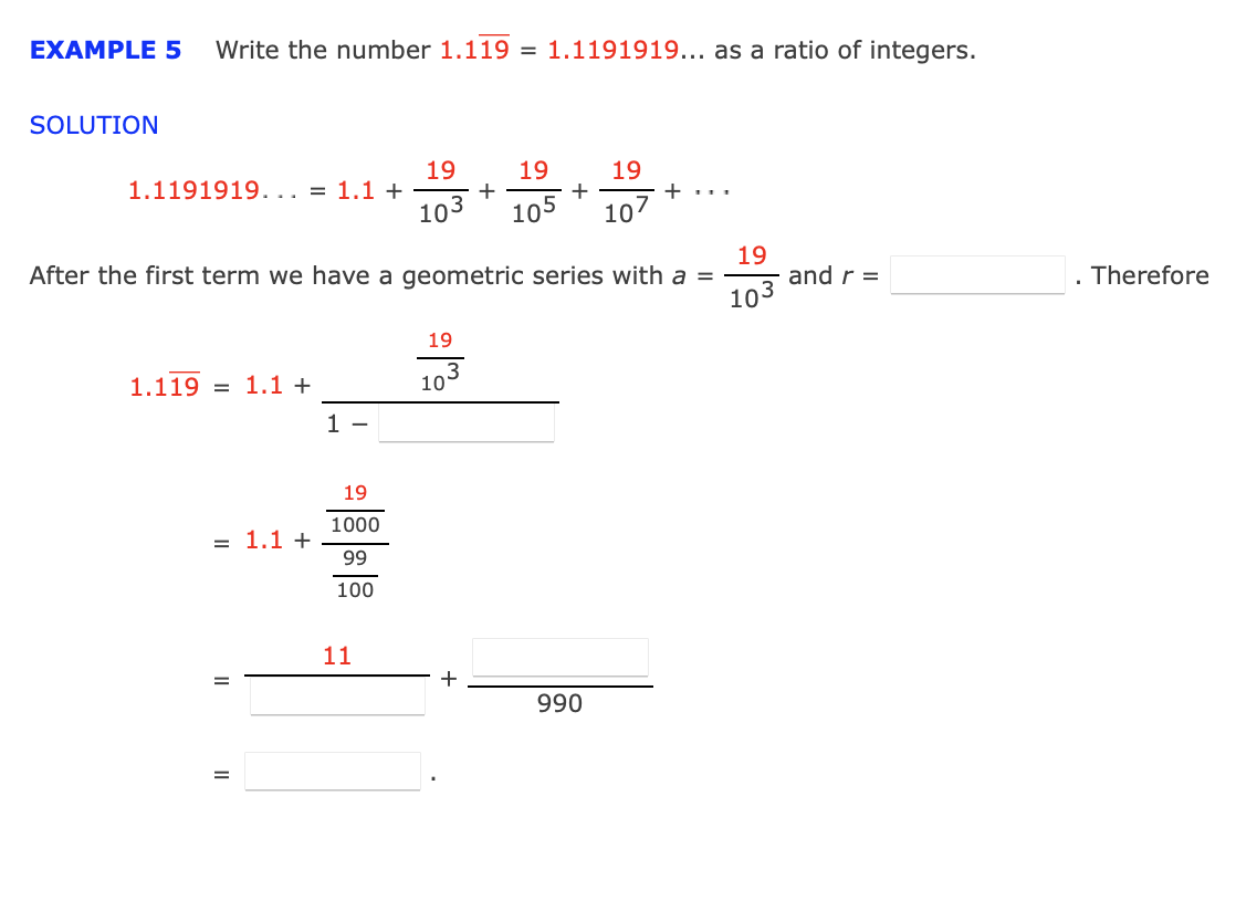 Solved EXAMPLE 5 Write the number 1.119=1.1191919… as a | Chegg.com