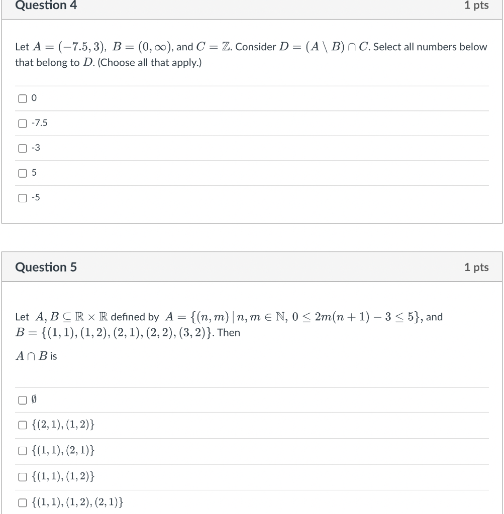 Solved Let A=(−7.5,3),B=(0,∞), and C=Z. Consider D=(A\B)∩C. | Chegg.com