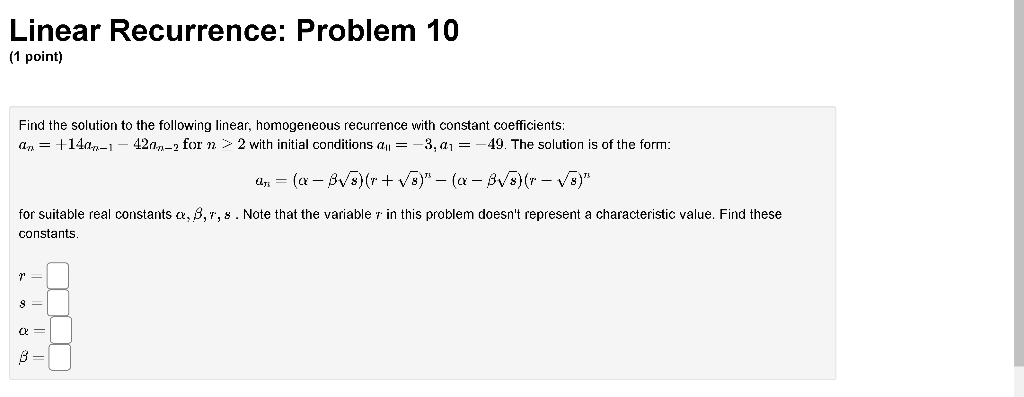 Solved Linear Recurrence: Problem 8 (1 point) Find the | Chegg.com