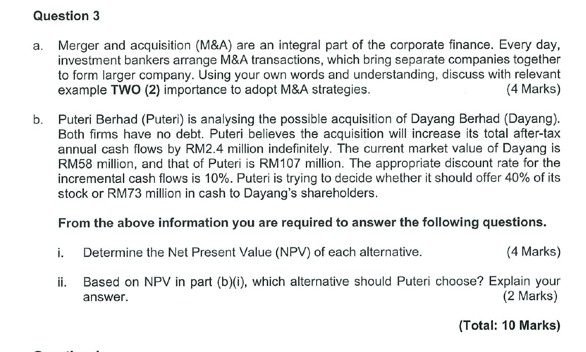 Solved Question 3a. ﻿Merger and acquisition (M&A) ﻿are an | Chegg.com