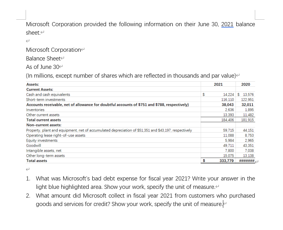 Microsoft Corporation provided the following | Chegg.com