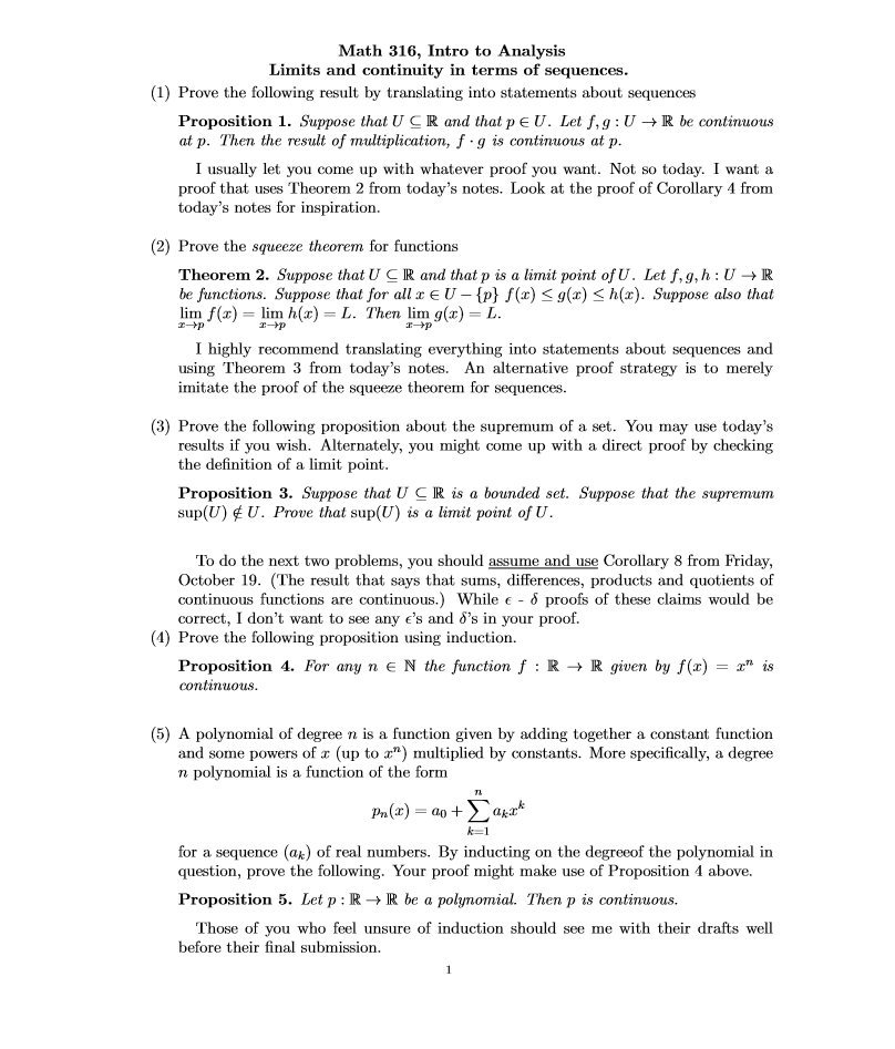 Solved Math 316, Intro to Analysis Limits and continuity in | Chegg.com