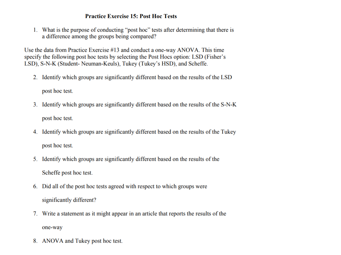 Practice Exercise 15: Post Hoc Tests 1. What is the | Chegg.com
