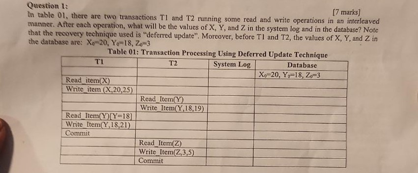 Solved Question 1: [7 marks] In table 01, there are two | Chegg.com