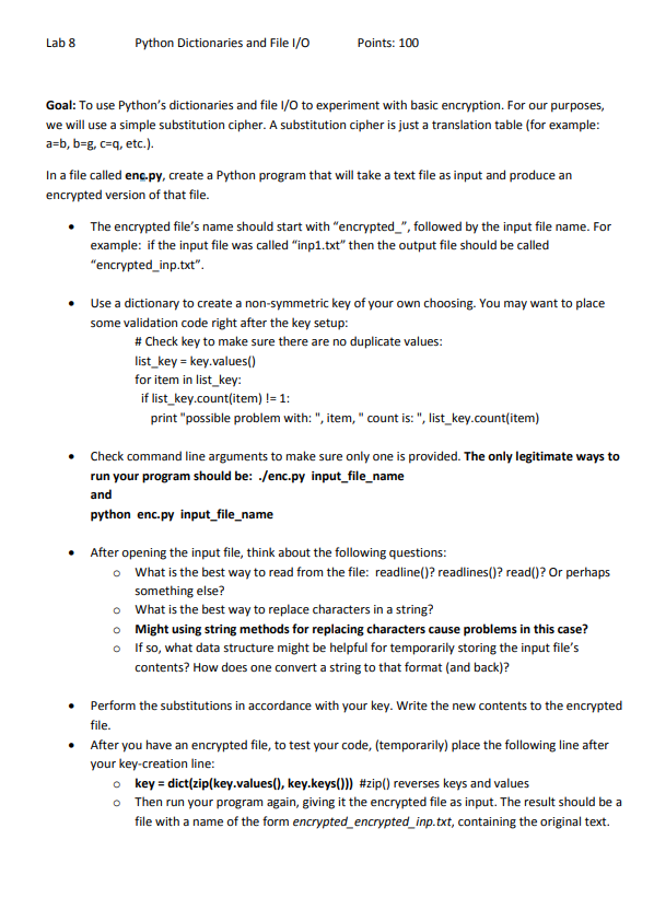Solved Lab 8 Python Dictionaries and File I/O Points: 100 | Chegg.com