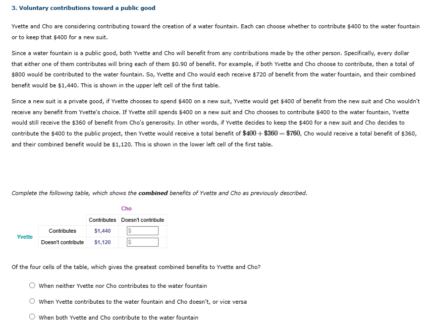 Solved 3. Voluntary contributions toward a public good | Chegg.com