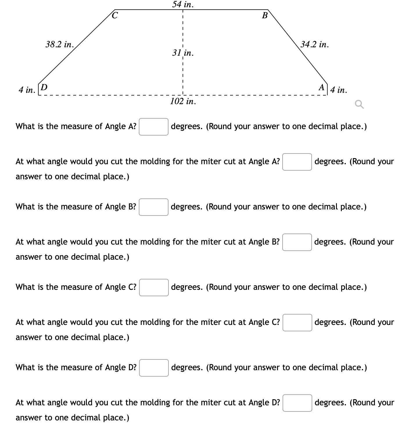 Solved What is the measure of Angle A?degrees. (Round your | Chegg.com
