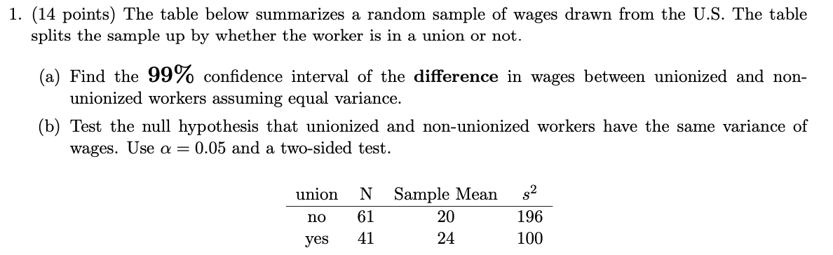 Solved 1. (14 points) The table below summarizes a random | Chegg.com