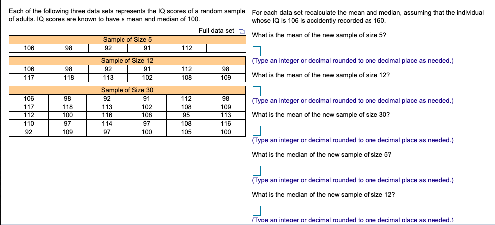 Solved Each of the following three data sets represents the | Chegg.com