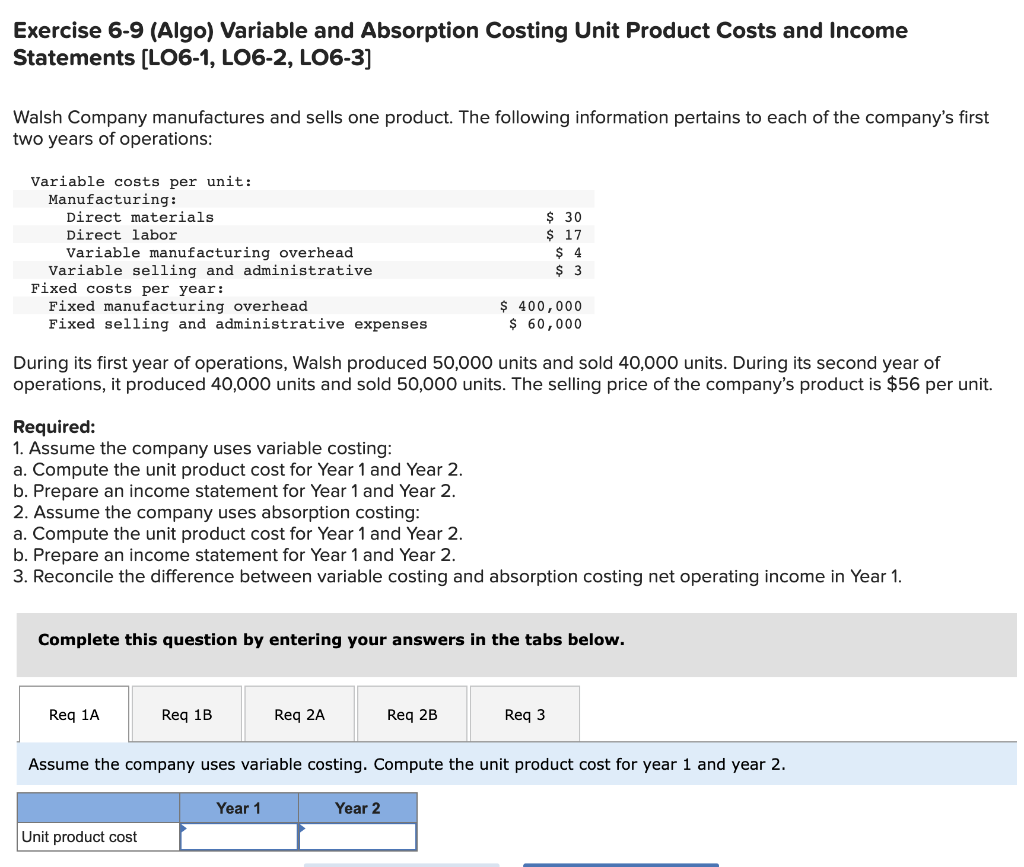 Solved Exercise 6-9 (Algo) Variable and Absorption Costing | Chegg.com