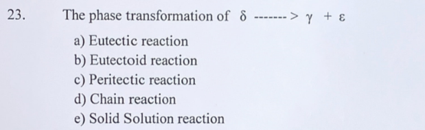 Solved 23. The phase transformation of δ > γ + ε a) Eutectic | Chegg.com