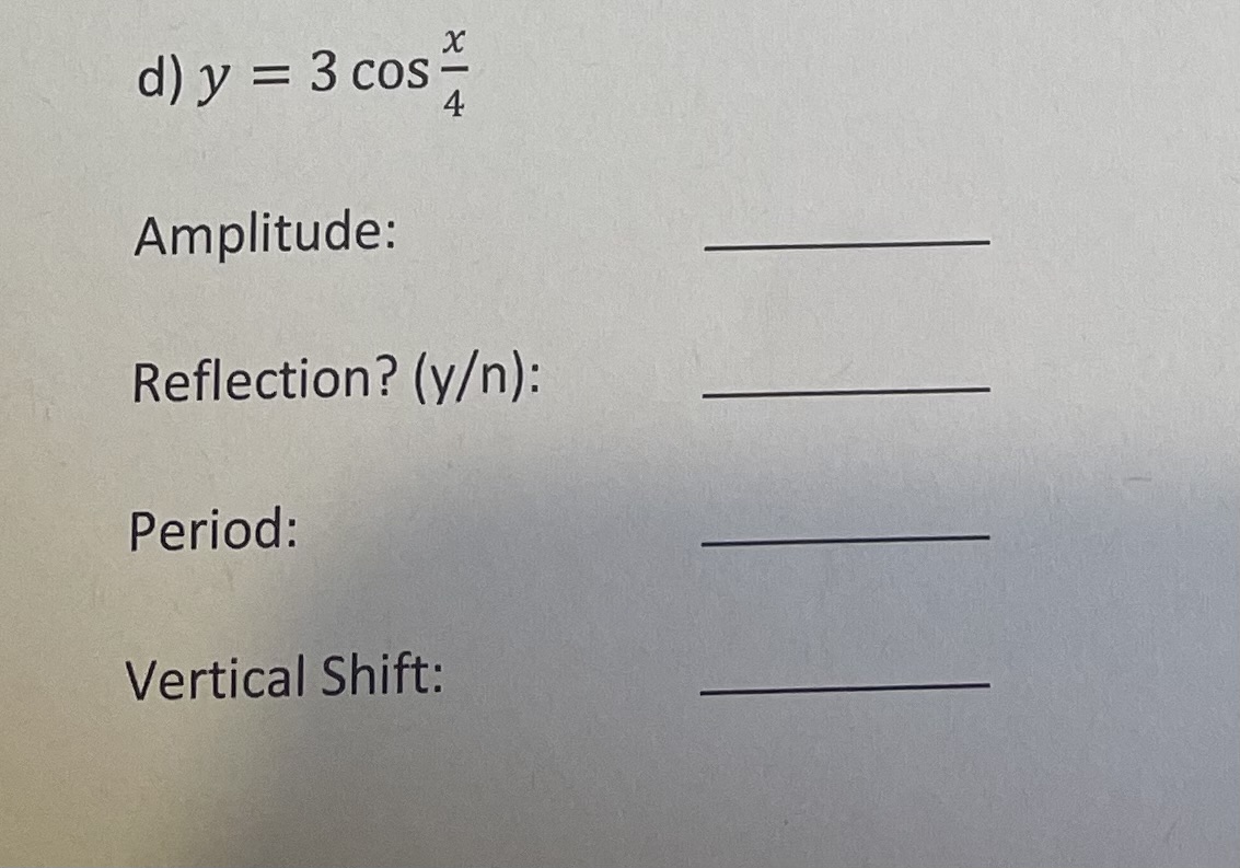 Solved d) y=3cos4x Amplitude: Reflection? (y/n) : Period: | Chegg.com