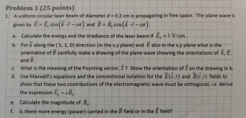 Solved Problem 1 (25 points) A uniform circular laser beam | Chegg.com