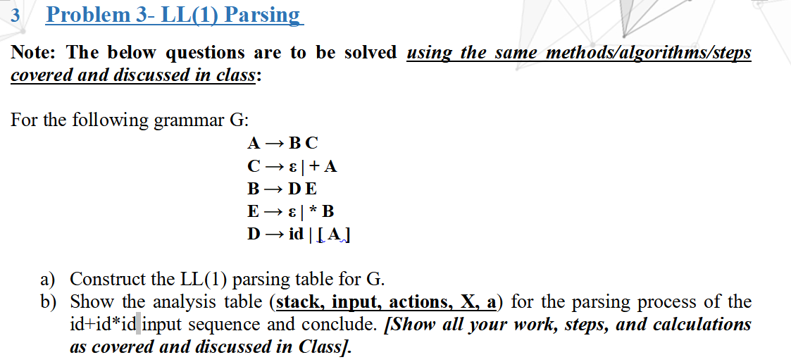 Solved 3 Problem 3- LL(1) Parsing Note: The below questions | Chegg.com