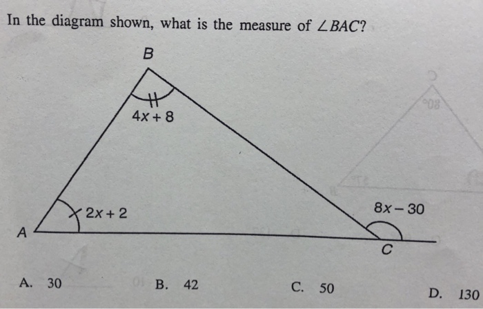 Solved In the diagram shown, what is the measure of BAC? | Chegg.com