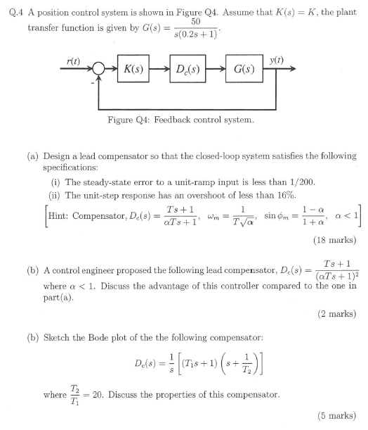 Solved 2.4 A position control system is shown in Figure Q4. | Chegg.com