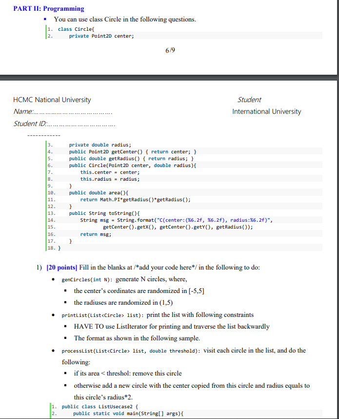 PART II: Programming • You can use class Circle in | Chegg.com