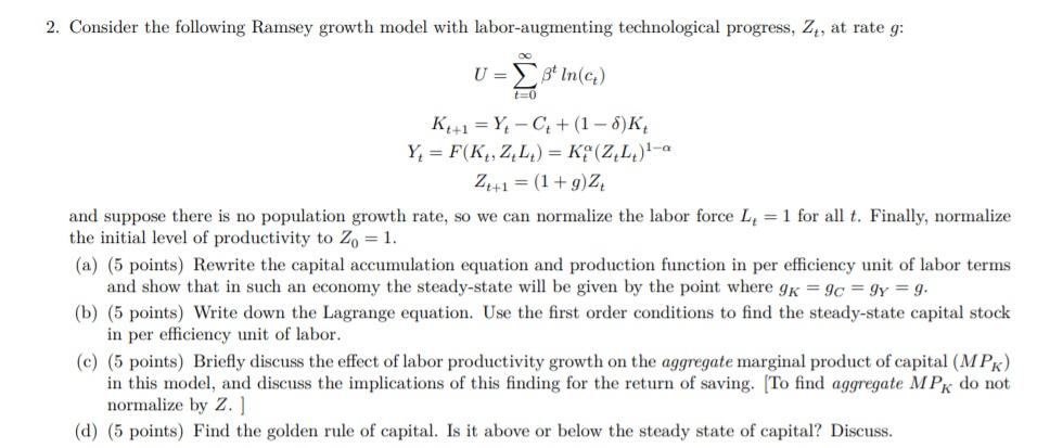 2. Consider the following Ramsey growth model with | Chegg.com