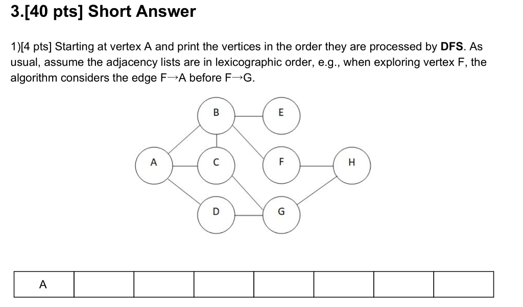 Solved 3.[40 pts] Short Answer 1)[4 pts] Starting at vertex | Chegg.com