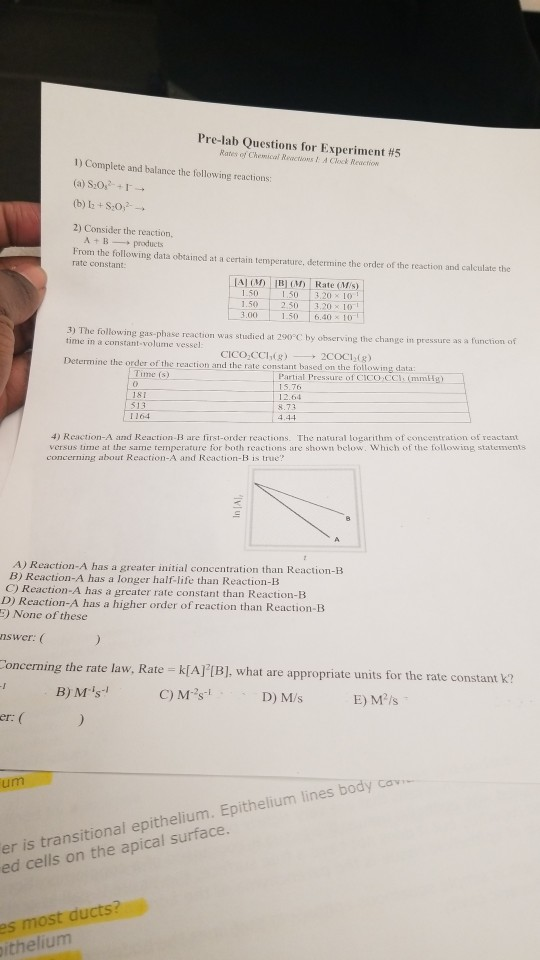 Solved Pre-lab Questions for Experiment #5 Rates of Chemical | Chegg.com