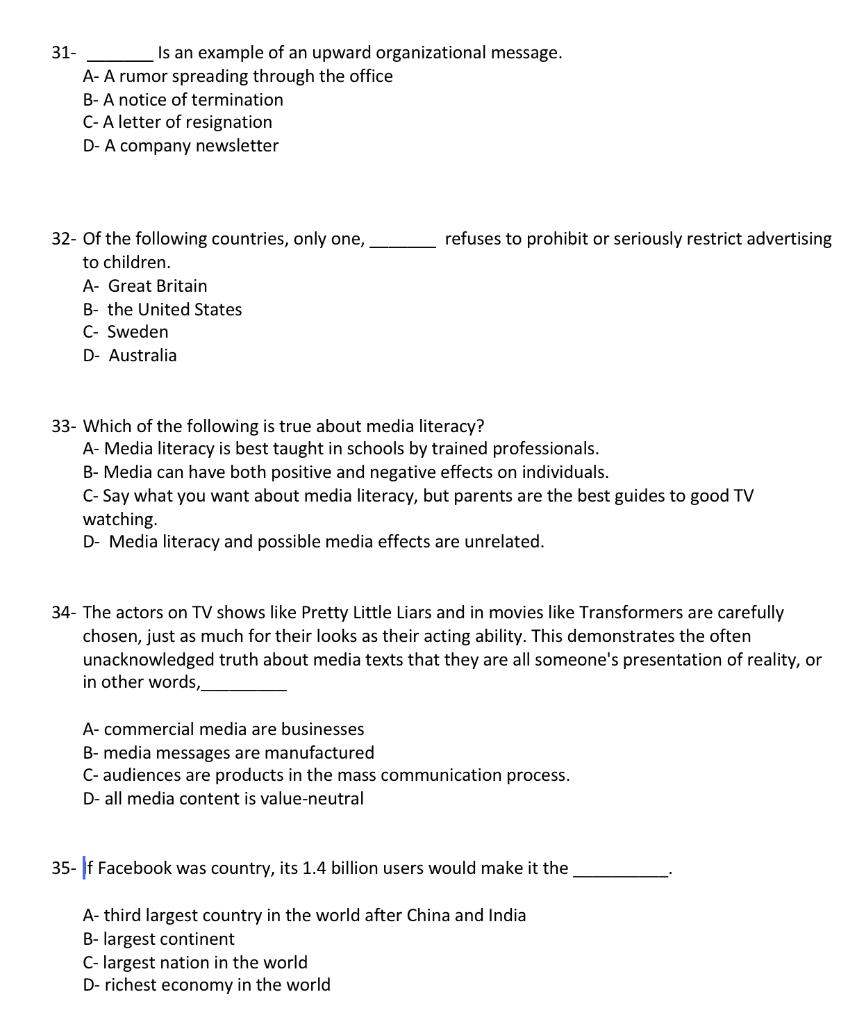 Solved 31- Is an example of an upward organizational | Chegg.com