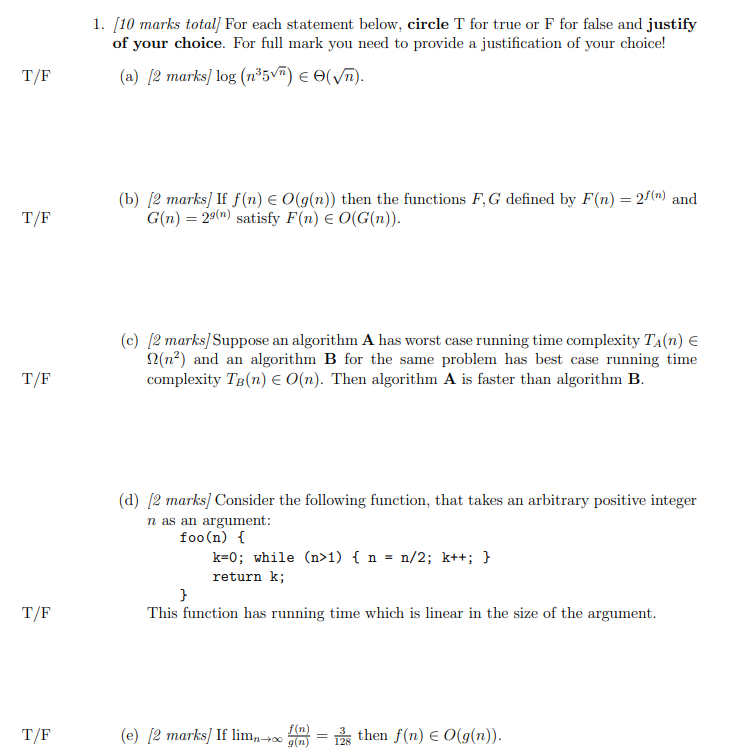 Solved 1. (10 marks total) For each statement below, circle | Chegg.com
