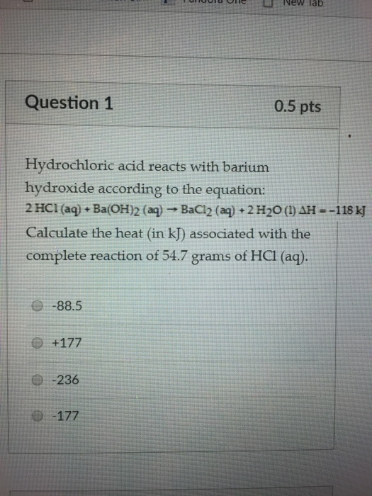Hydrochloric Acid Reacts With Barium Hydroxide According to the Equation