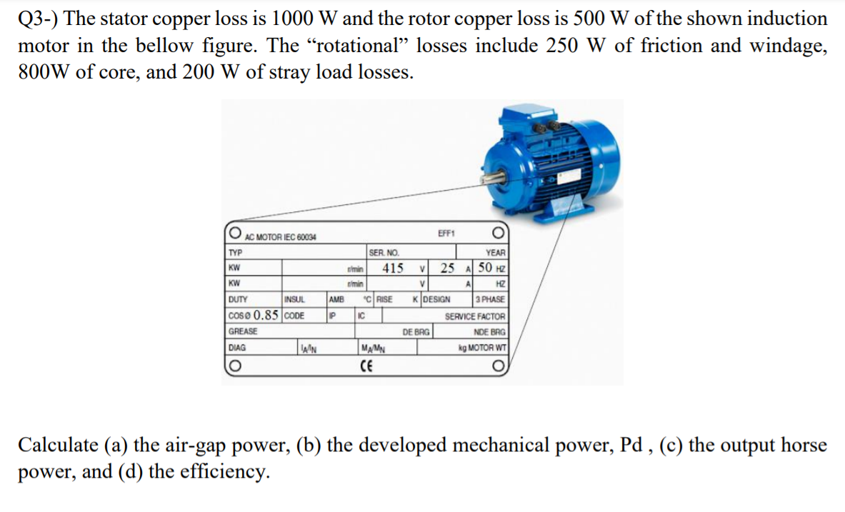 Solved Q3-) The stator copper loss is 1000 W and the rotor | Chegg.com